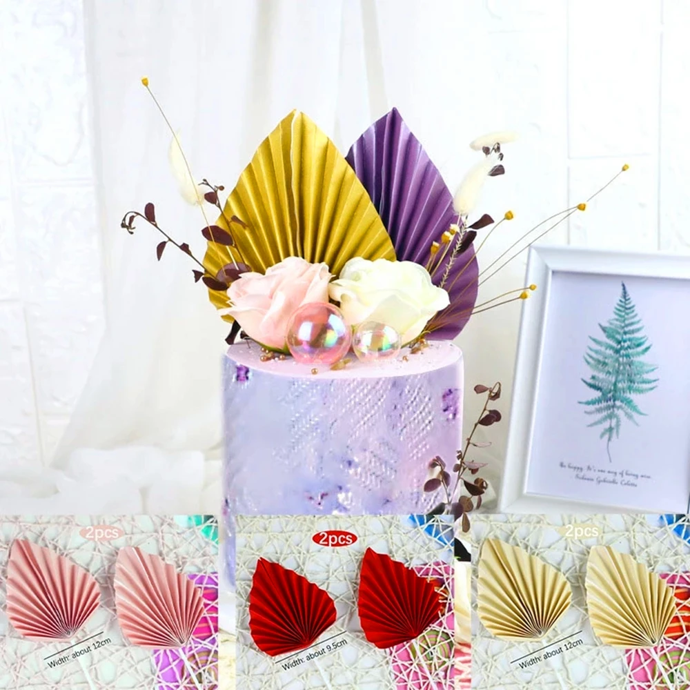 2pcs Paper Fan Cake Topper Gold Palm Leaf Birthday Party Decoration ...