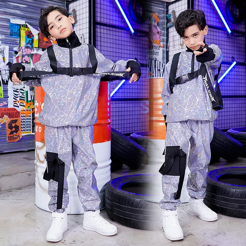 Children Hip Hop Costume Cool Reflective Tops Loose Pants Boys Stage ...