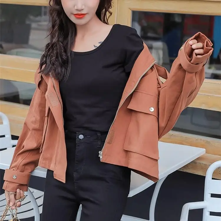 Retro Solid Workwear Jacket Short Coat Autumn Loose Pockets Large Size ...