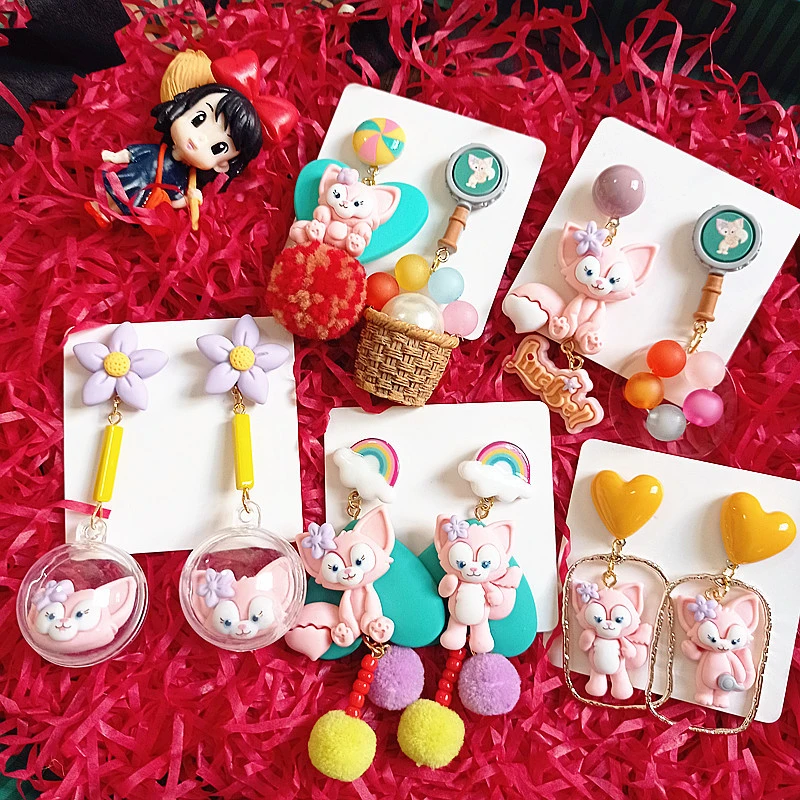 Disney Anime Accessories Linabell Cute Resin Earrings Pink Fox Fashion ...