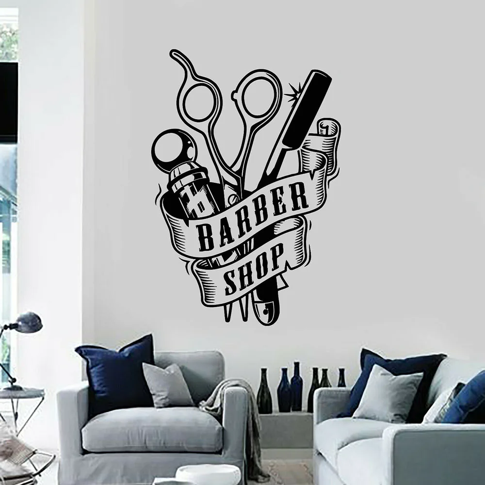 Haircuts Shaves Barber Shop Tools Men Hairstyle Wall Stickers Vinyl ...
