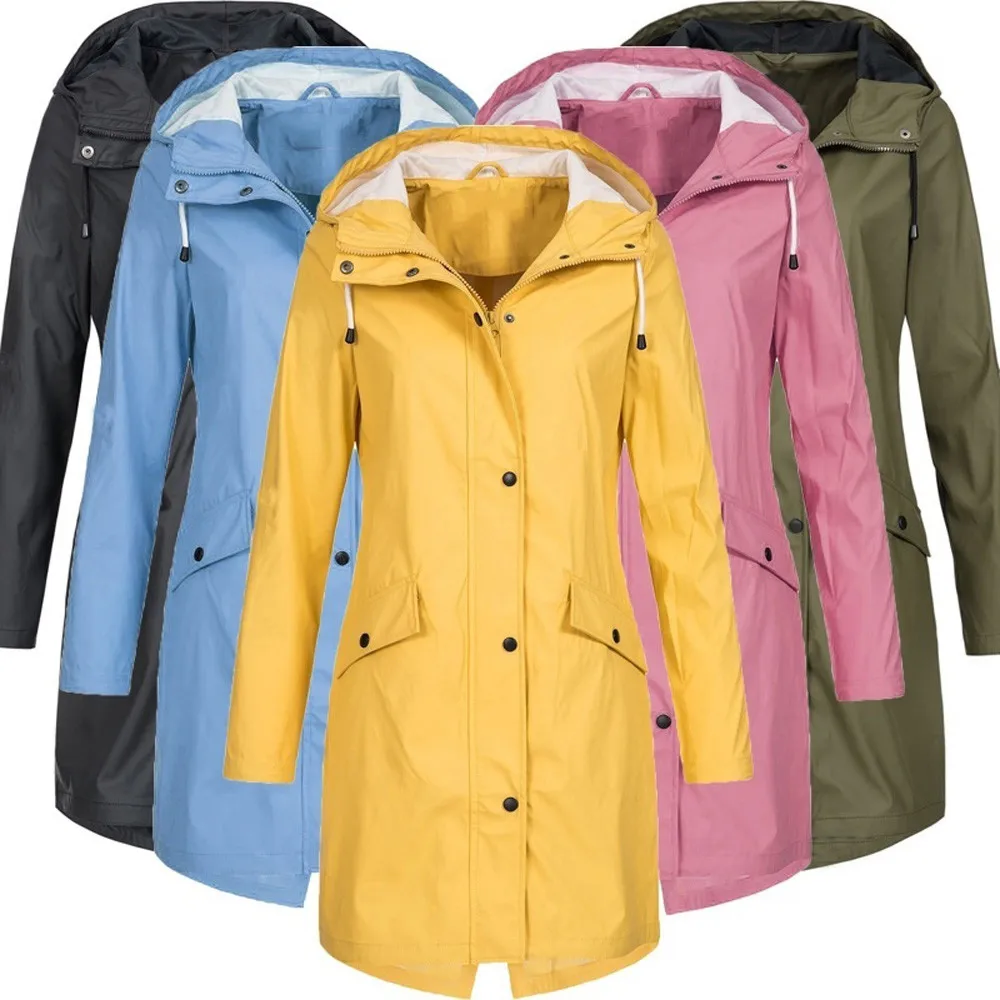 Women-Solid-Rain-Jacket-Outdoor-Hoodie-Waterproof-Long-Coat-Overcoat ...
