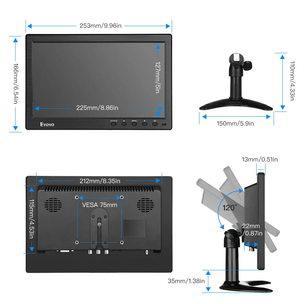 Eyoyo EM10A 10.1 "ips 1366 × 768 hdmi bncモニターミニポータブルコンピュータ液晶画面vga av ...