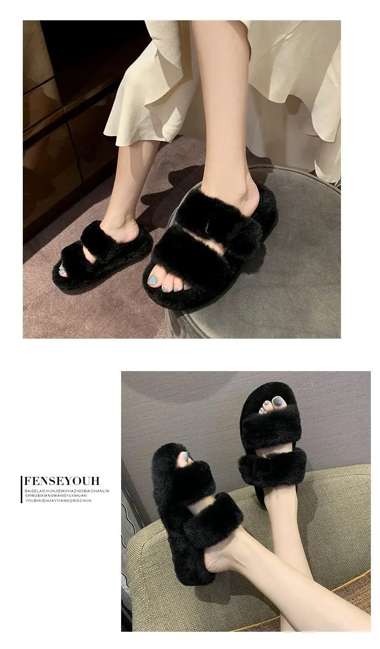 Chaussons,Pantoufles d'hiver en fourrure à semelle compensée pour ...