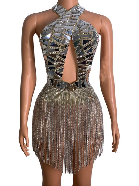 Festival Dress Silver Mirrors Crystals Chains Dance Costume JKP4726