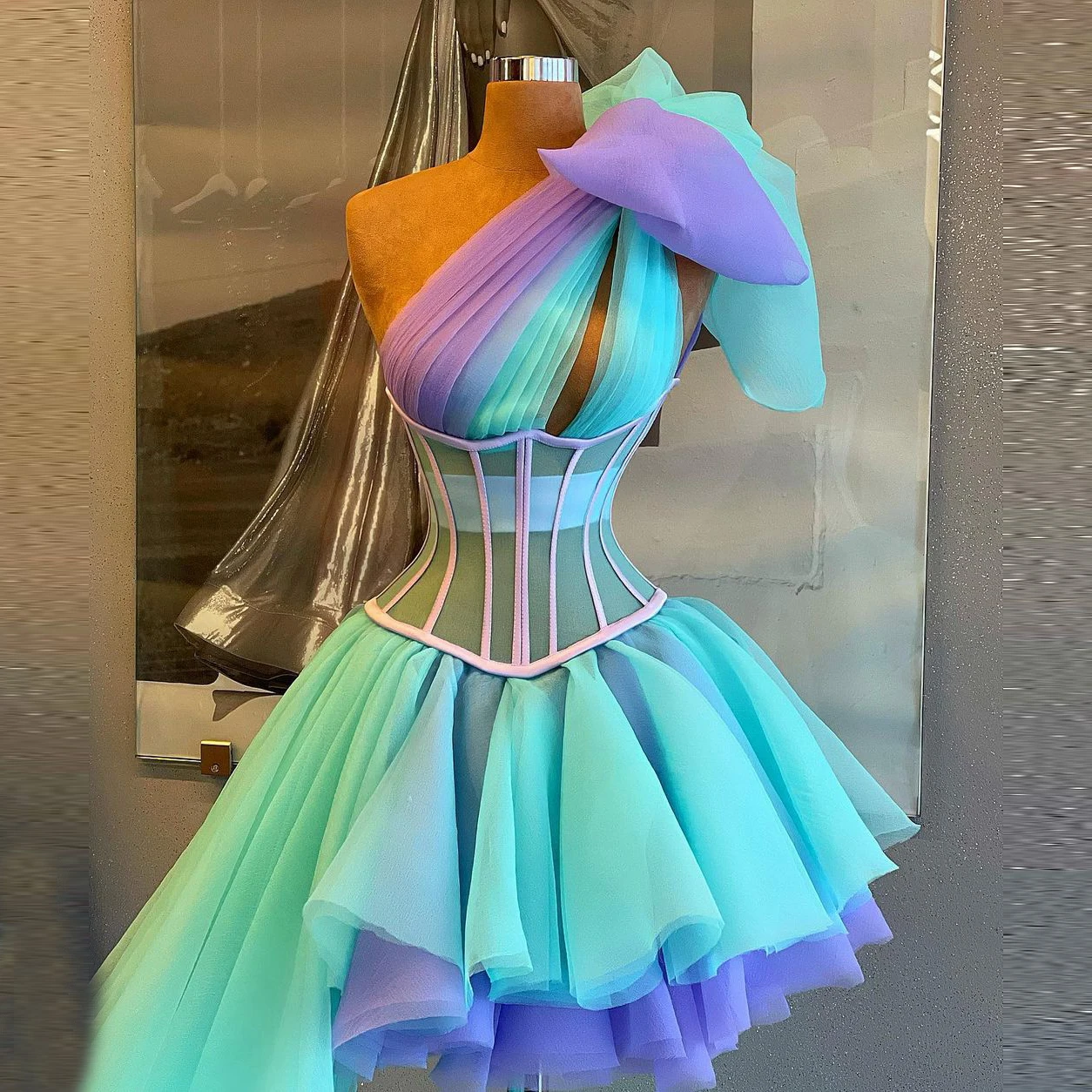 Colorful Short Prom Dresses With Side Train One Shoulder Bow Shoulder ...