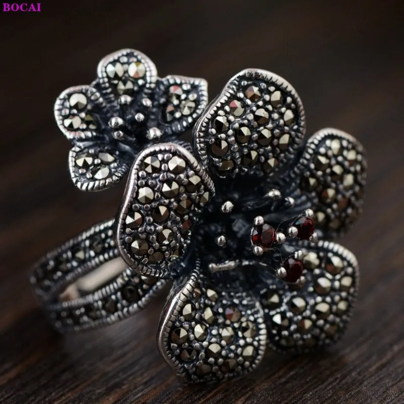 100-Real-S925-Sterling-Silver-Woman-Ring-Fashion-Flower-Marcasite ...