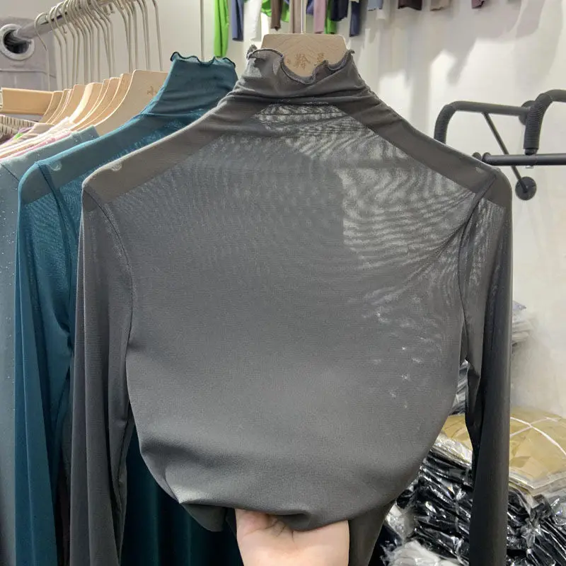 Gray-Sexy-Women-Blouses-See-Through-Transparent-Mesh-High-Neck-Long ...