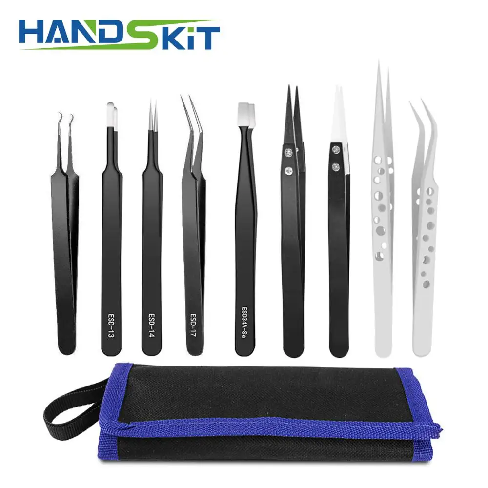 정밀 핀셋 세트, HANDSKIT 9 PCS 핀셋 곡선 키트 ESD 정전기 방지 스테인레스 스틸 플랫 헤드 핀셋 키트 곡선 핀셋 ...