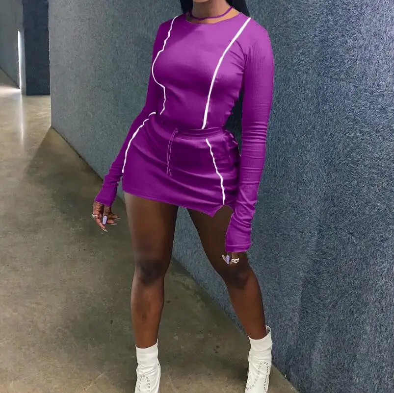 Autumn Long Sleeve Tops Patchwork Mini Skirt Set Purple Two Piece Set ...