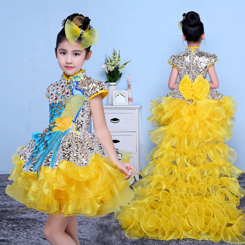 Yellow-Peacock-Dress-For-Girls-Birthday-Party-Princess-Bridesmaid ...