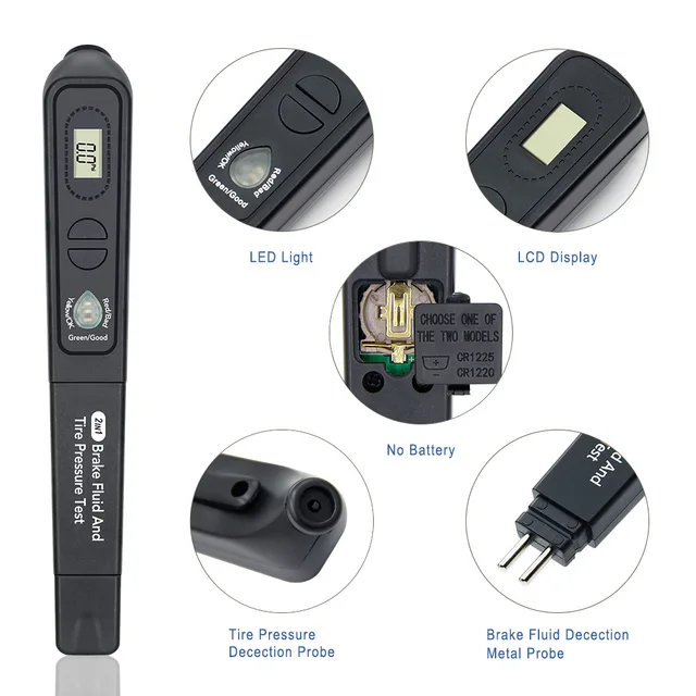 Brake Fluid Liquid Tester Pen With 5 LED with Tire pressure tester 2 IN ...