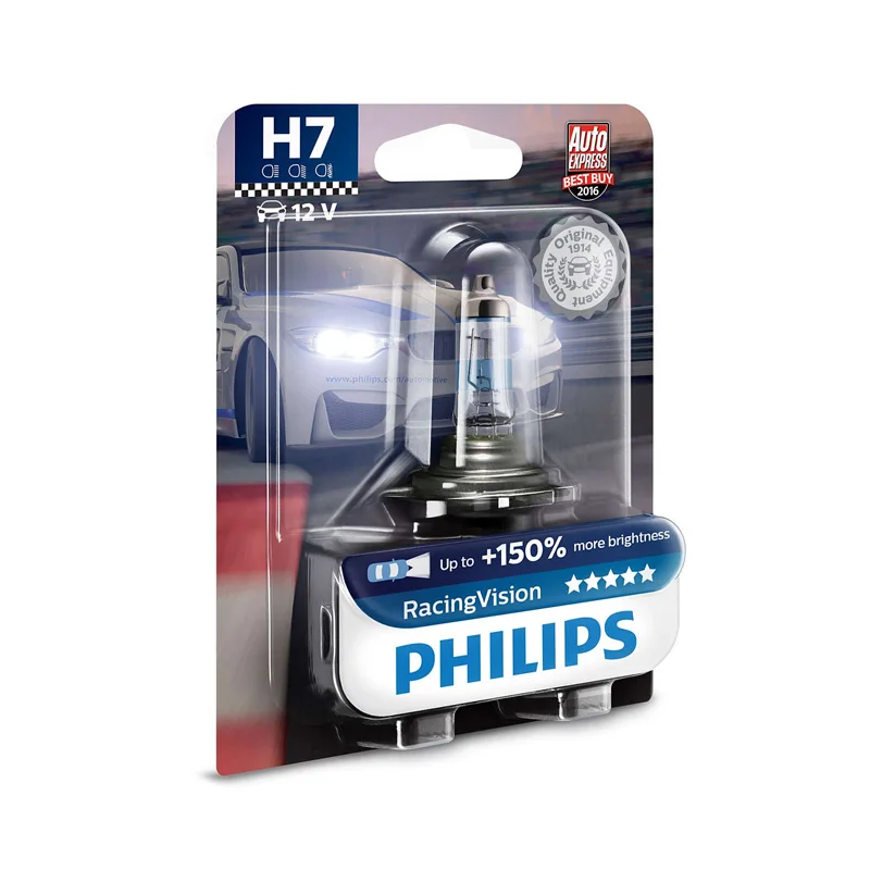 1 Pcs, Philips H7 12v 55w Racing Vision Halogen Headlamp 150% Brighter ...