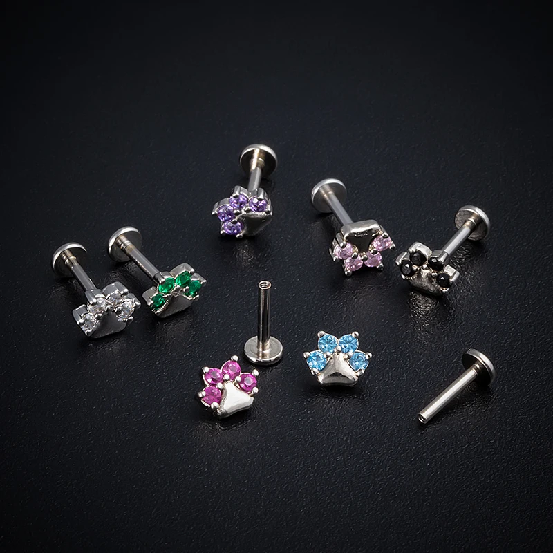 1PC Paw Lip Ring Piercing Labret Monroe Bar Stud Zircon Internally ...
