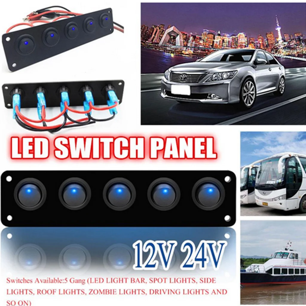 12V Rocker Toggle Switch Blue LED Light Lamp 5Pin Holder Panel Car Boat ...