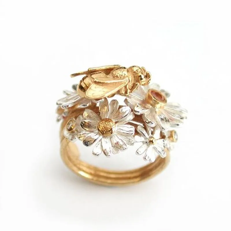 Fashion-Cubic-Zirconia-Bee-Flower-Ring-Engagement-Wedding-Rings-for ...