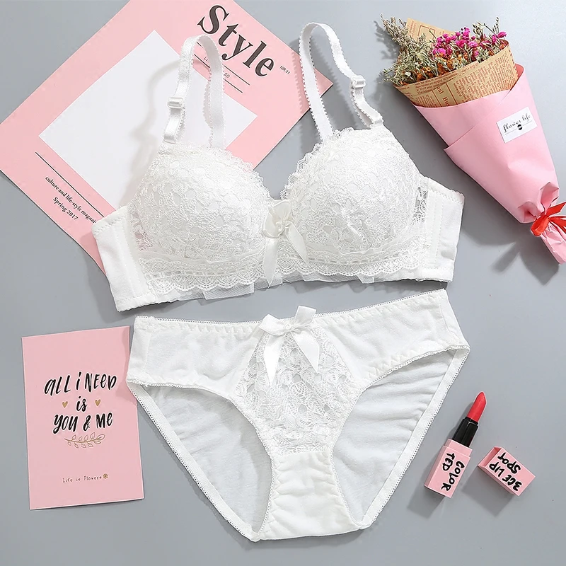 Young Girl Elegant Cup A/B Bra Set Wire Free Lace Bra Panties Set ...