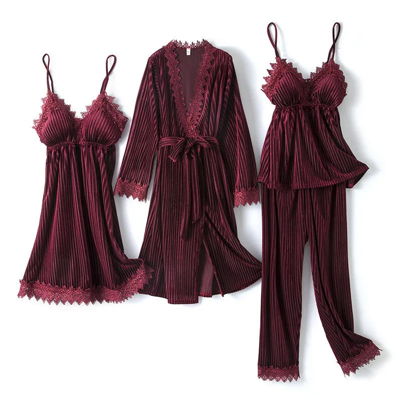 Autumn Winter Women Sleepwear Set Bathrobe Nightwear Striped Velour ...