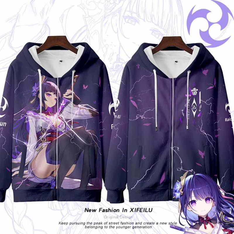 Anime Genshin Impact Raiden Shogun Baal Hooded Hoodie Sweatshirt Coat ...