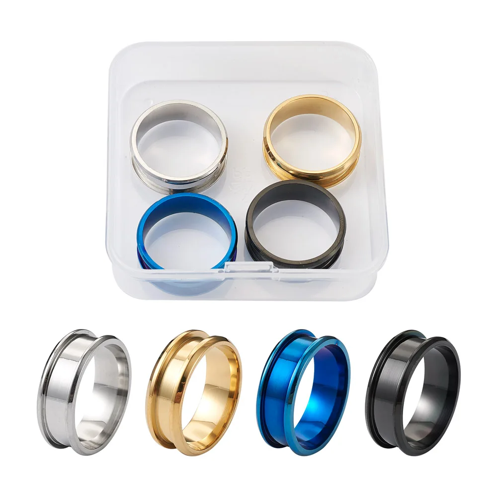 4pcs Mixed Color Unisex Rings Stainless Steel Grooved Finger Ring ...