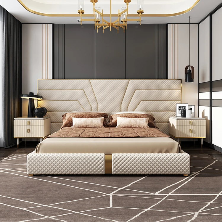 Cama de lujo moderna europea, mueble de dormitorio de cuero genuino ...