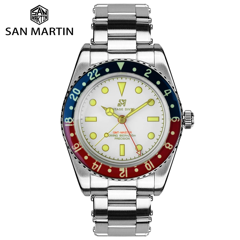 Reloj mecánico automático San Martin Pepsi GMT Acero inoxidable zafiro ...