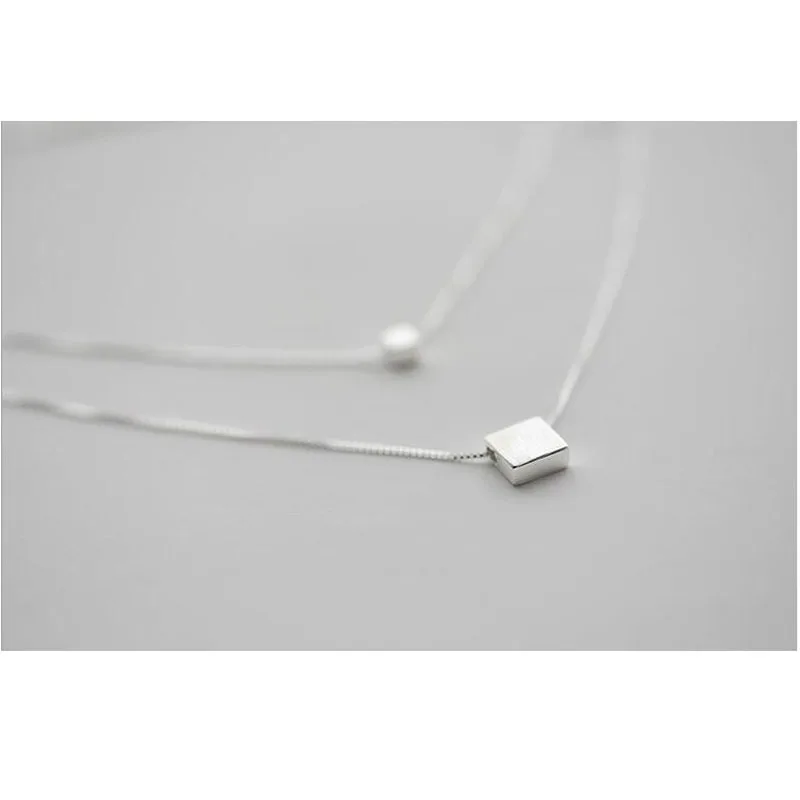 Silver 925 Jewelry Double Layer Square Box Simple Necklace For Women ...