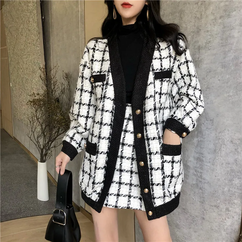 2021 Autumn Winter Fashion 2 Piece Set Women Long Sleeve Tweed Wool ...