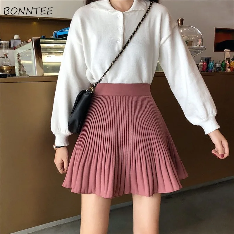 여성용 A라인 스커트 단색 쉬폰 루즈한 하이웨이스트 편안한 무릎 위 레저 올매치 한국 스타일 데일리 봄 여름 신상