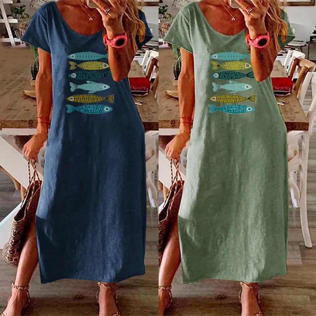 Fashion maxi dress Women Plus Size O Neck Short Sleeve Fish Print Open ...