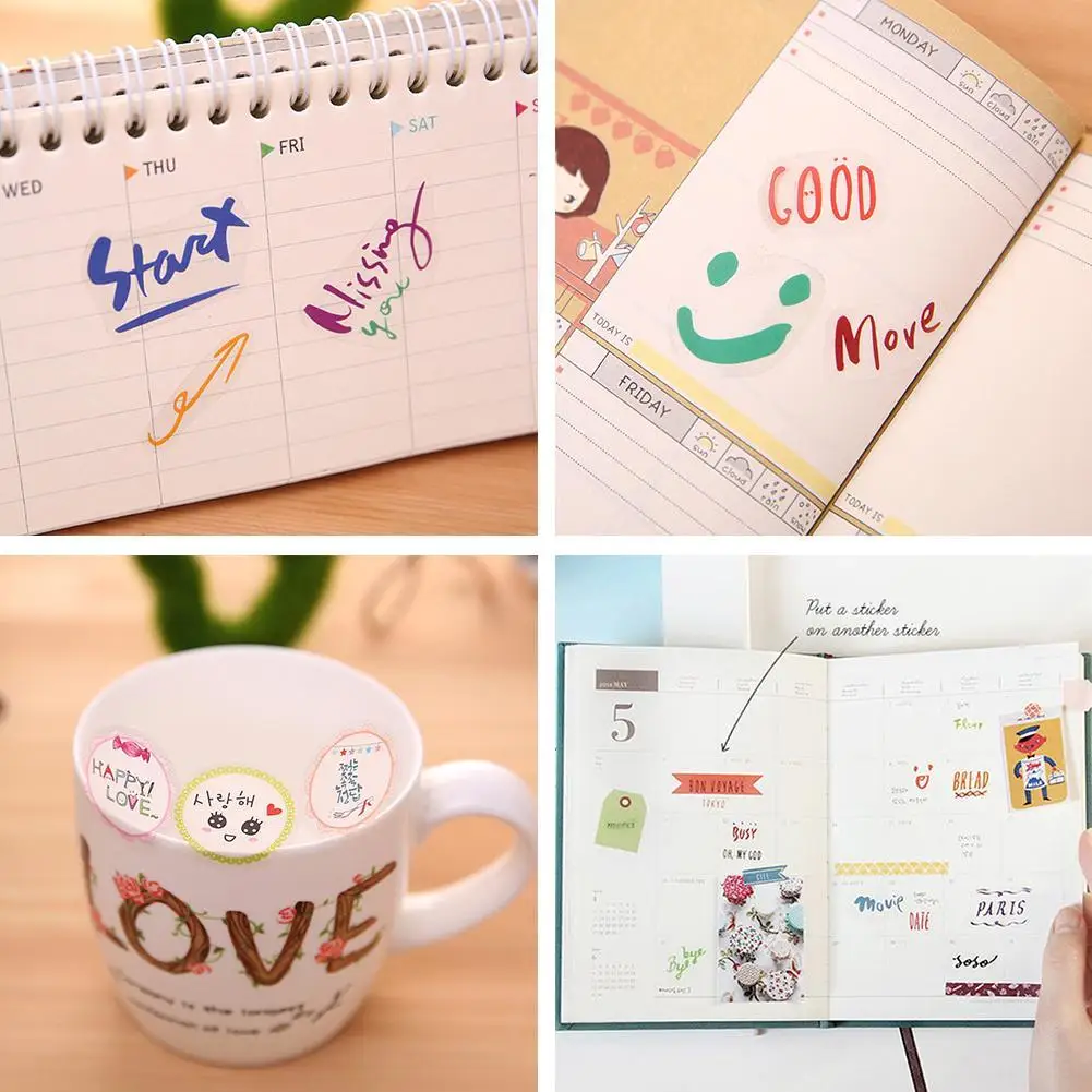 6 Sheets Kawaii Sticker Diary Stickers Transparent Black English Word ...