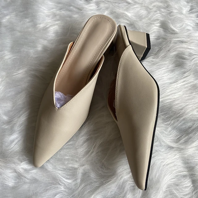2021 Summer Elegant Women Nude Beige Pointed Toe Slipper Mules Block ...