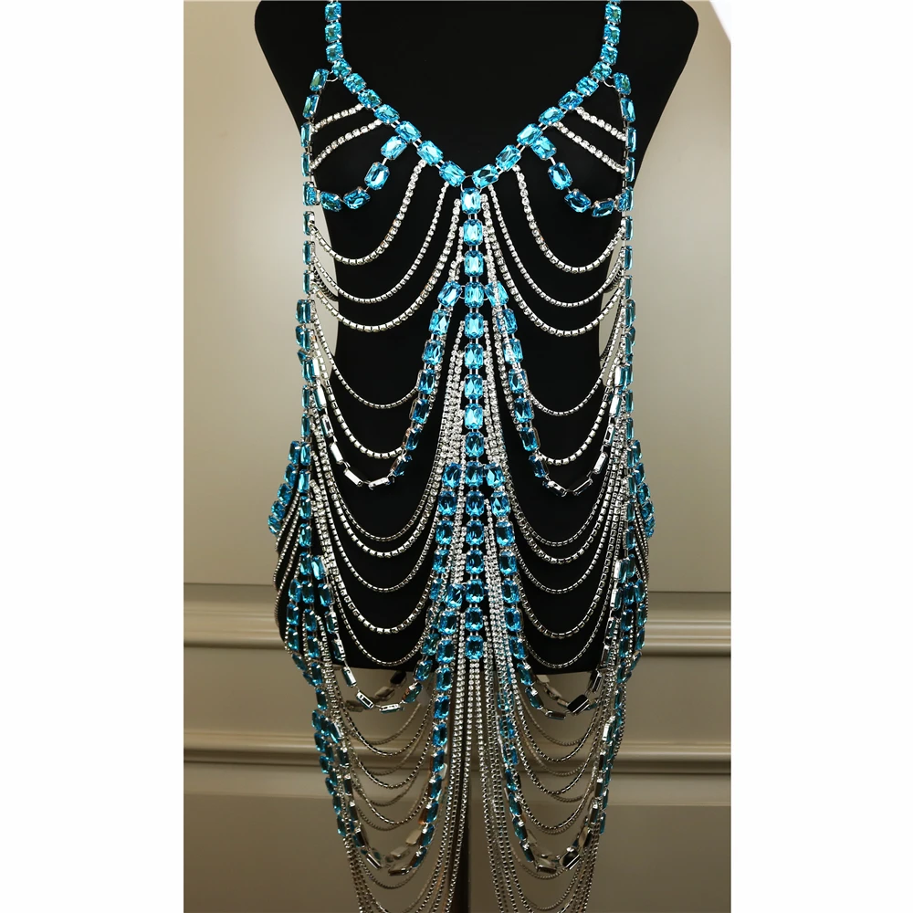 Individual Exaggerated Blue Big Crystal Long Dress Body Chain Costume ...