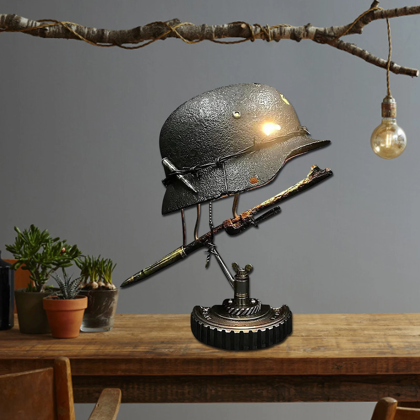 Retro War Relic Lamp Helmets Resin Table Lamp Statue Souvenir Home ...