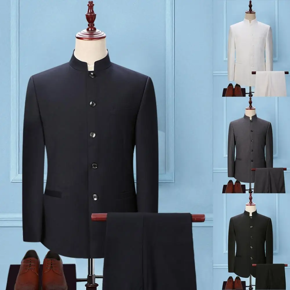 Men Suit Chinese Style Mandarin Stand Collar Business Casual Wedding ...