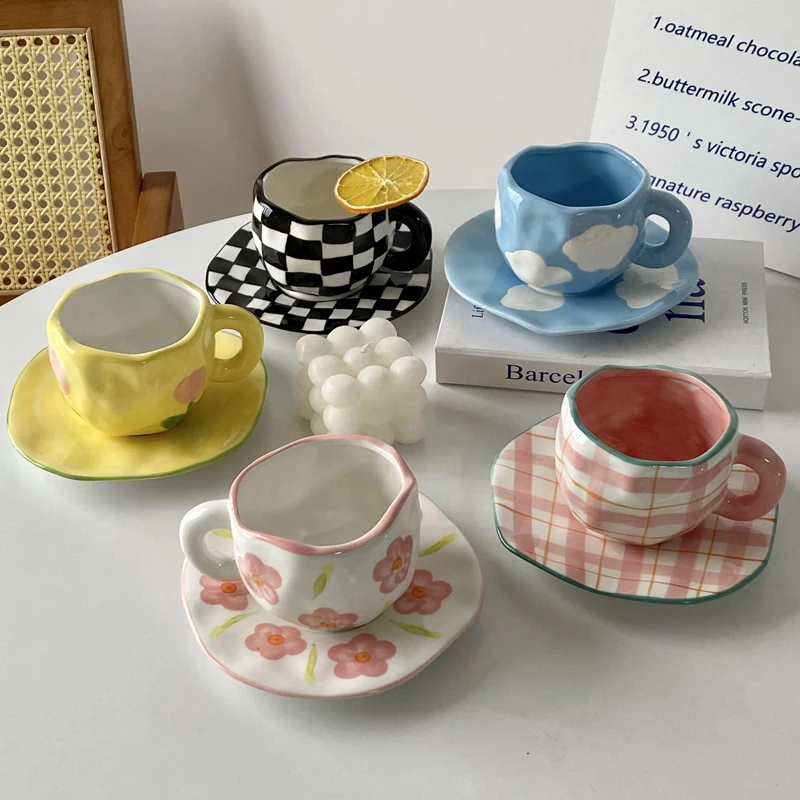 Hand Pinch Retro Ceramics Mugs with Tray Coffee mug Milk Tea office ...