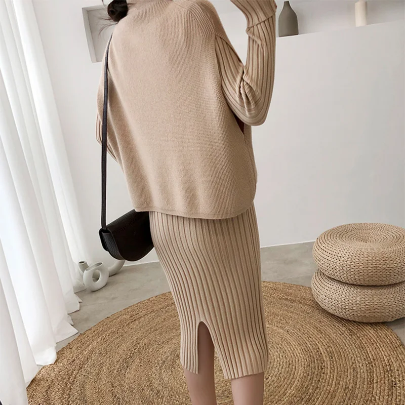 Knitted Two Piece Set Winter Outfits Turtleneck Sweater And Bodycon ...