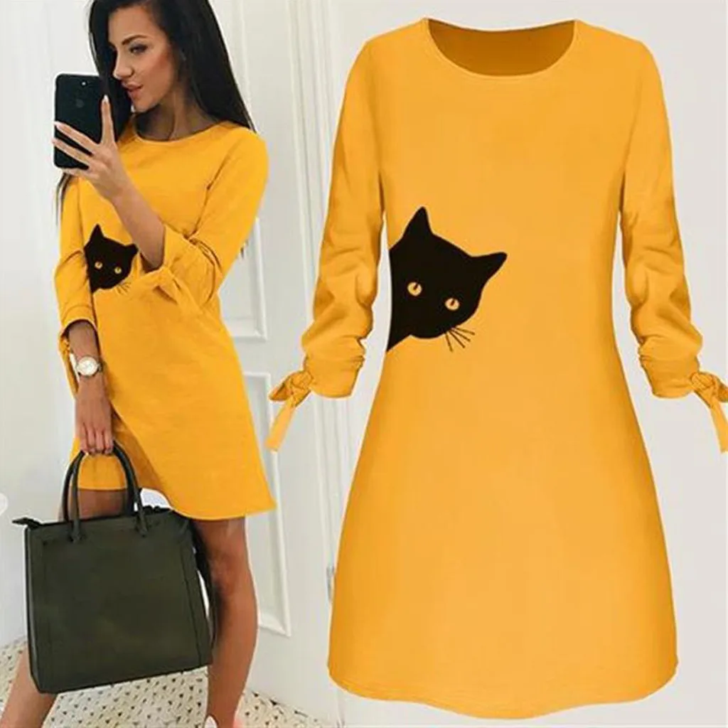 Women Fashion O neck Cat Print Bow Elegant Straigth Dress Spring Loose ...