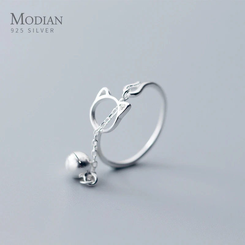Modian Cute Cat Long Chain Bells Ring For Women Fashion 925 Sterling ...