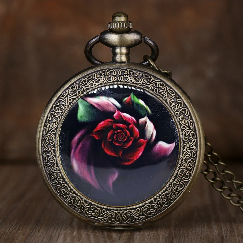 Delicate-Red-Rose-Quartz-Pocket-Watch-Flowers-Fob-Watch-with-Chain ...