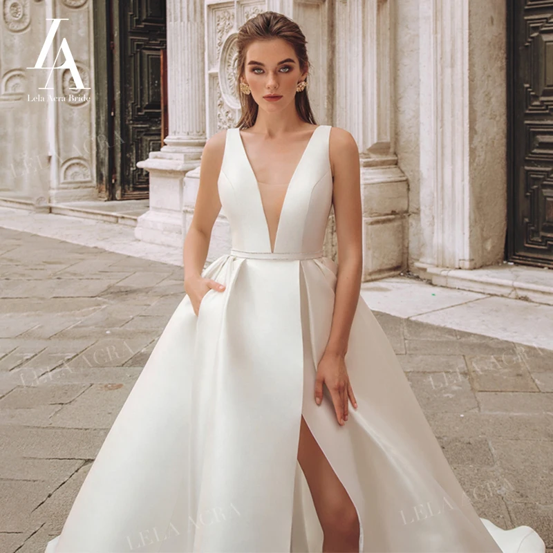 Elegante vestido de casamento de cetim com decote em v 2021 nova moda a ...