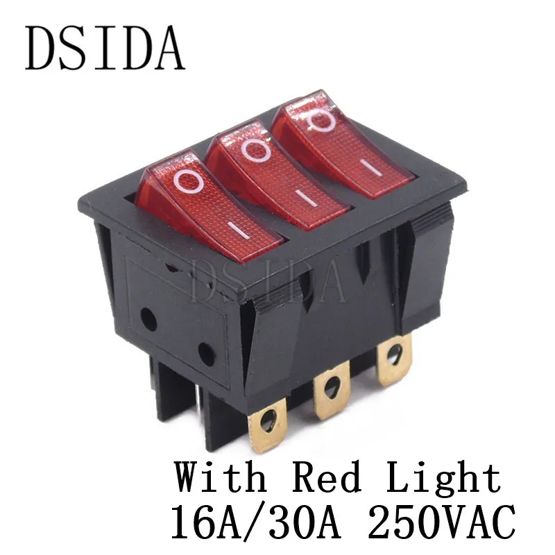Interruptor basculante de tres vías, 34x40, con luz roja, KCD3, tipo de barco, 16A/30A, 250VAC ...