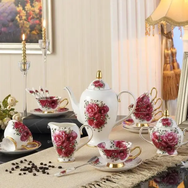 Rose Bone China Coffee Set Europe Pastoral Flower Porcelain Tea Cup ...