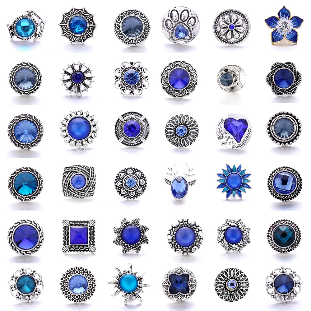 Blue Crystal Flower Snap Button Forty Style 5pcs/lot Snap Button ...