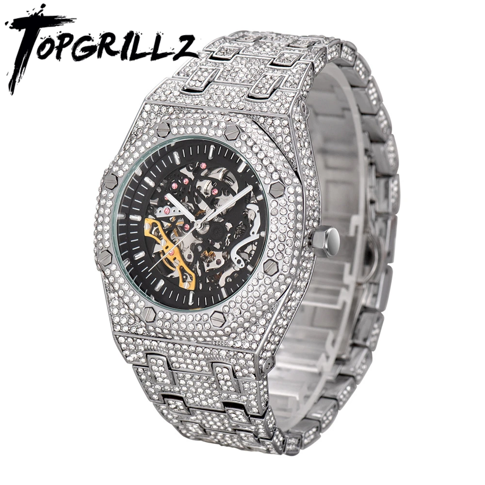 TOPGRILLZ Mechanical Luxury Rhinestones Watches White Gold Shine Mens ...