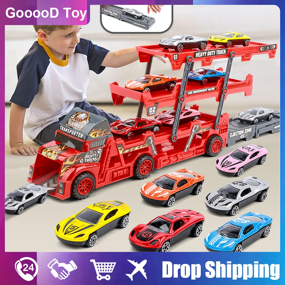 7Pcs Car Model Set Transport Car Large Truck Vehicles Trailer Three ...