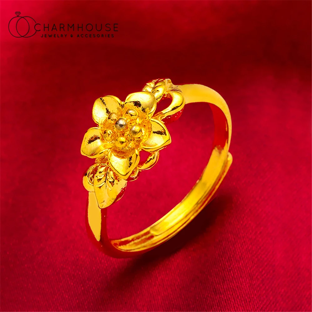 Anillos de Compromiso de oro amarillo de 24k para mujer, Anillo ajustable con forma de flor GP ...