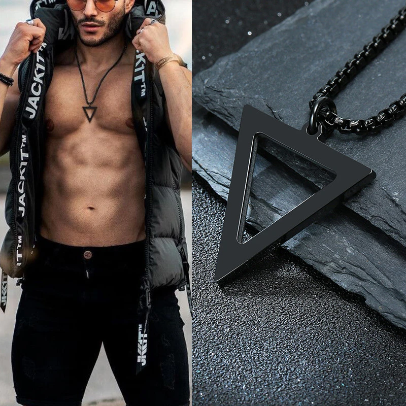 BLACK TRIANGLE NECKLACE FOR MEN STAINLESS STEEL CHAIN MENS GEOMETRIC ...