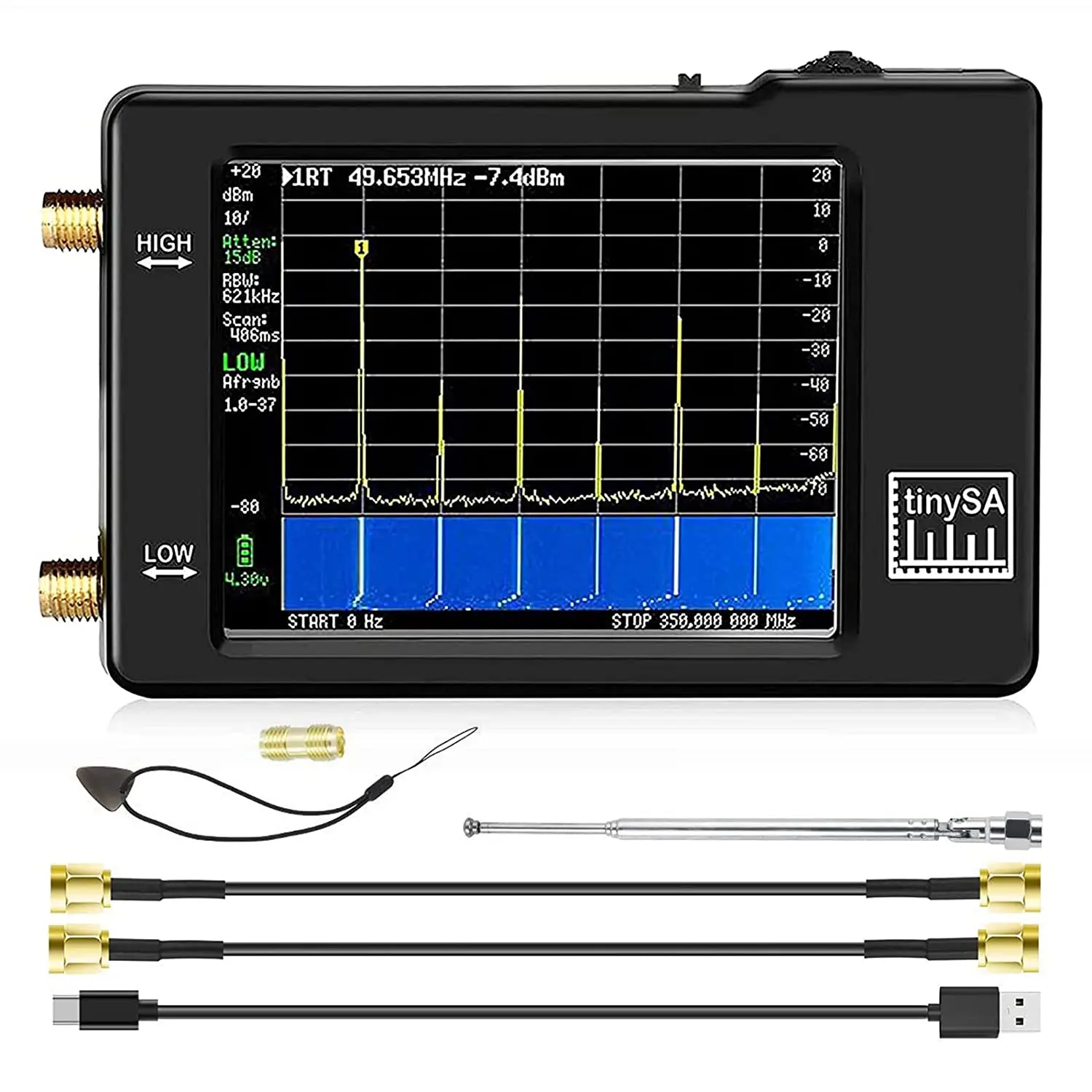 TinySA Handheld Tiny Spectrum Analyzer 2.8" display with battery