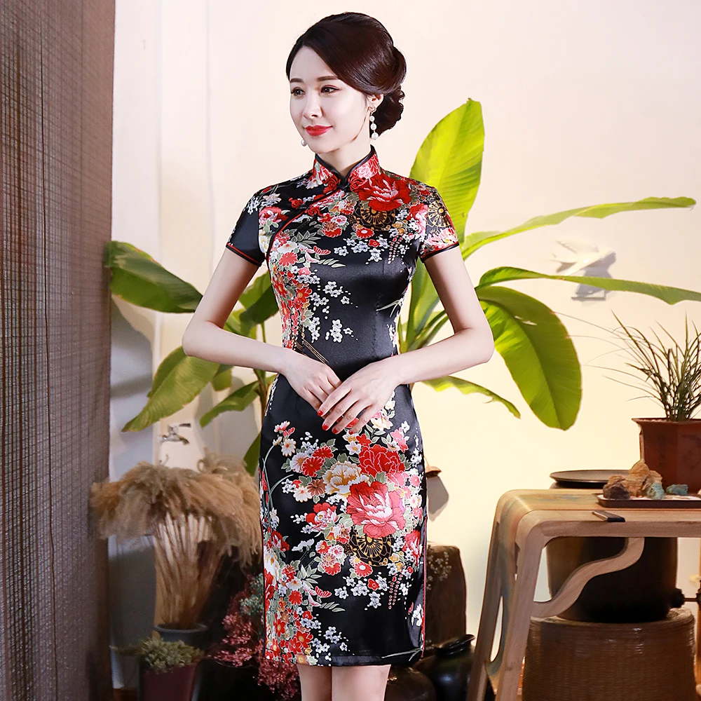 Print Flower Cheongsam Classic Women Satin Vestidos Slim Short Sleeve ...